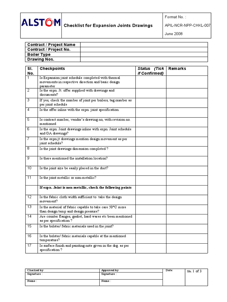 Checklist - Expansion Joint - Non Pressure Parts Drgs. | PDF ...