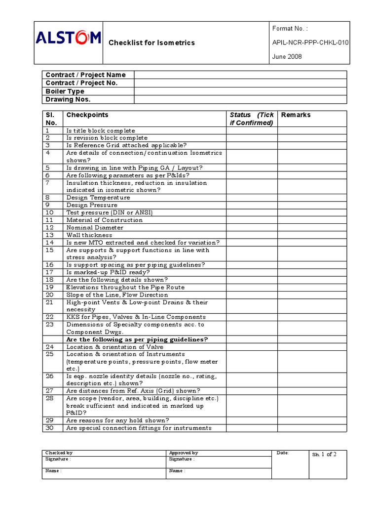 Checklist For Isometrics | PDF | Pipe (Fluid Conveyance) | Valve