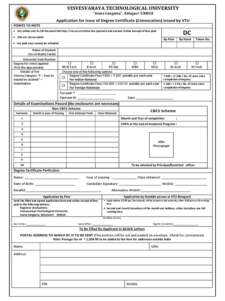 Application For Issue of Degree Certificate (Convocation) Issued by VTU | Download Free PDF ...