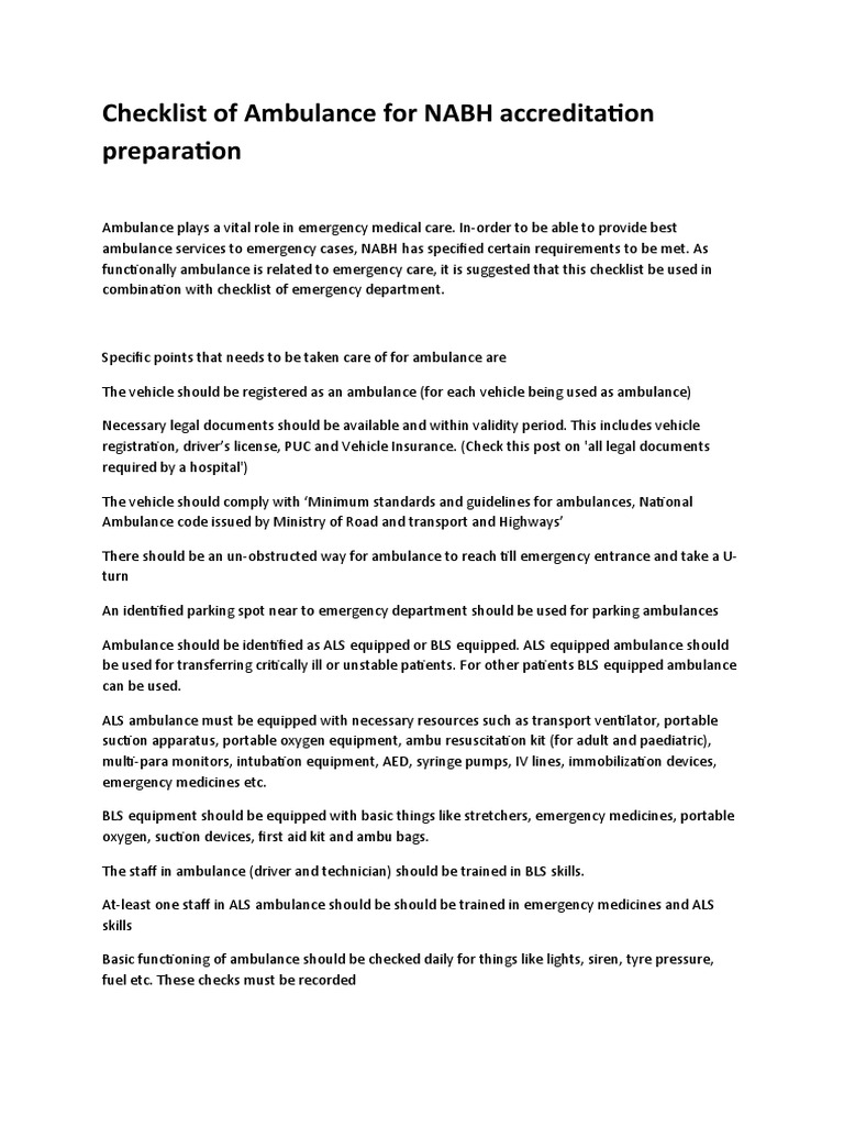 Checklist of Ambulance For NABH Accreditation Preparation | PDF ...