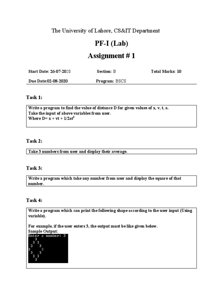 PF-I (Lab) Assignment # 1: The University of Lahore, CS&IT Department ...