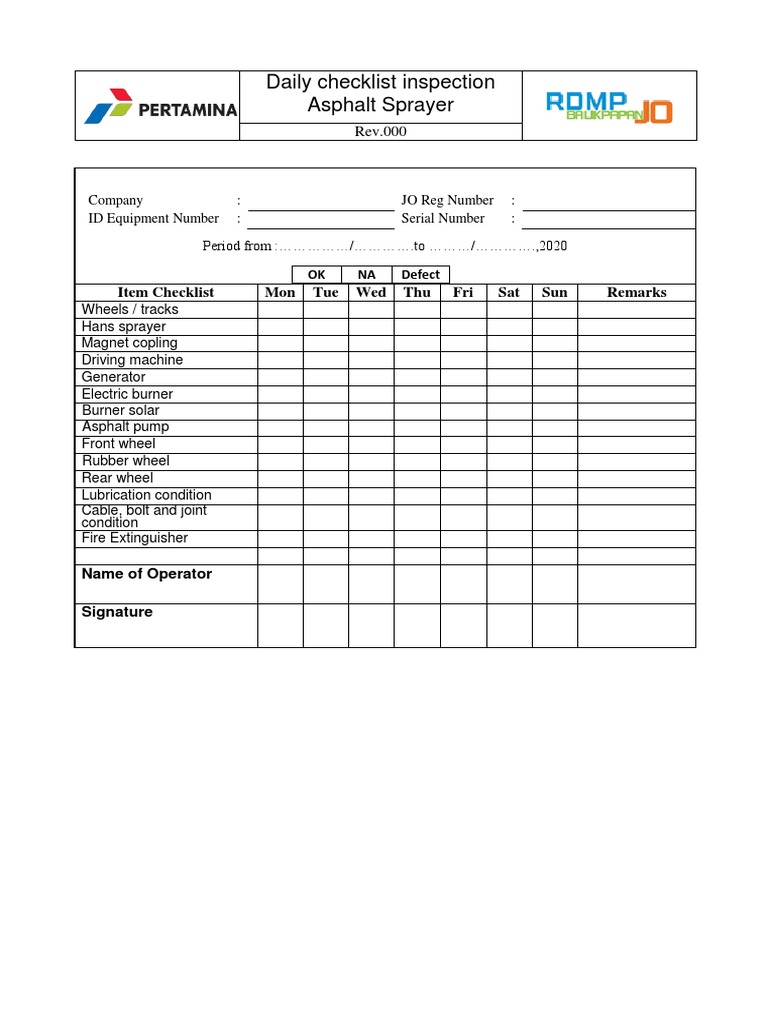 Daily Checklist Asphalt Sprayer | PDF