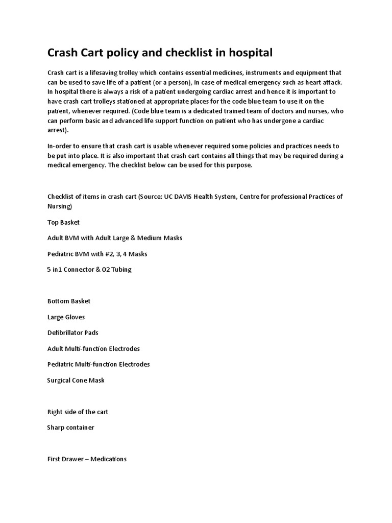 Crash Cart Policy and Checklist Guide | PDF | Syringe | Catheter