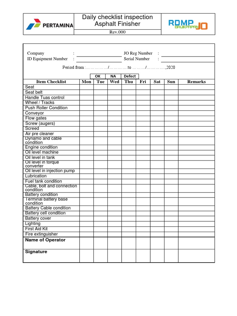 Daily Checklist Asphalt Finisher | PDF