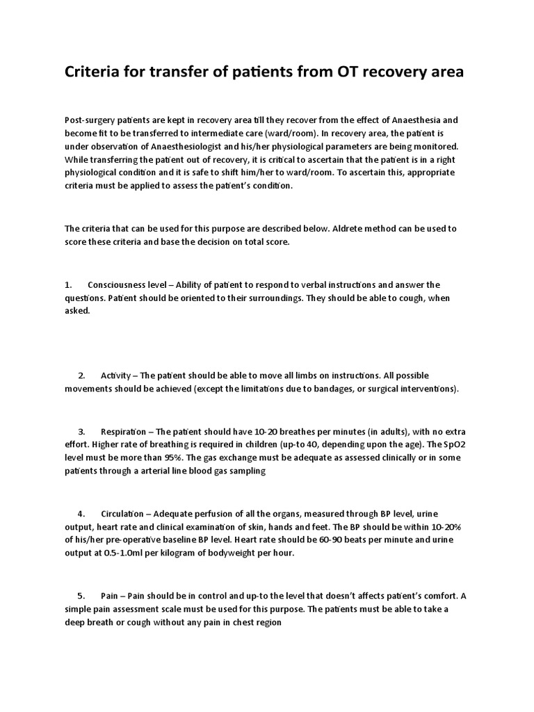 Patient Transfer Criteria from OT Recovery | PDF | Anesthesia | Surgery