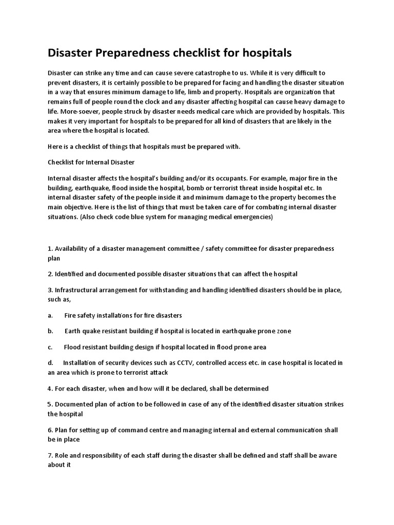 Hospital Disaster Preparedness Checklist | PDF | Emergency Department ...