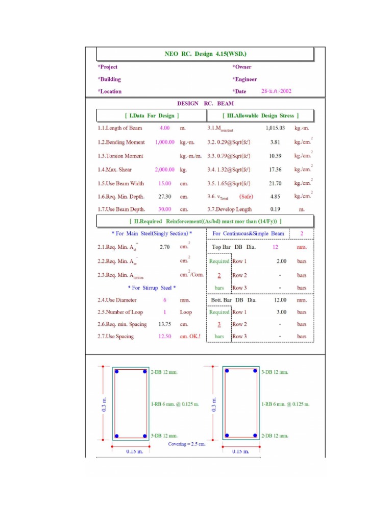 NEO RC. Design 4.15 (WSD.) : Project Owner Building Engineer Location Date Design Rc. Beam | PDF ...