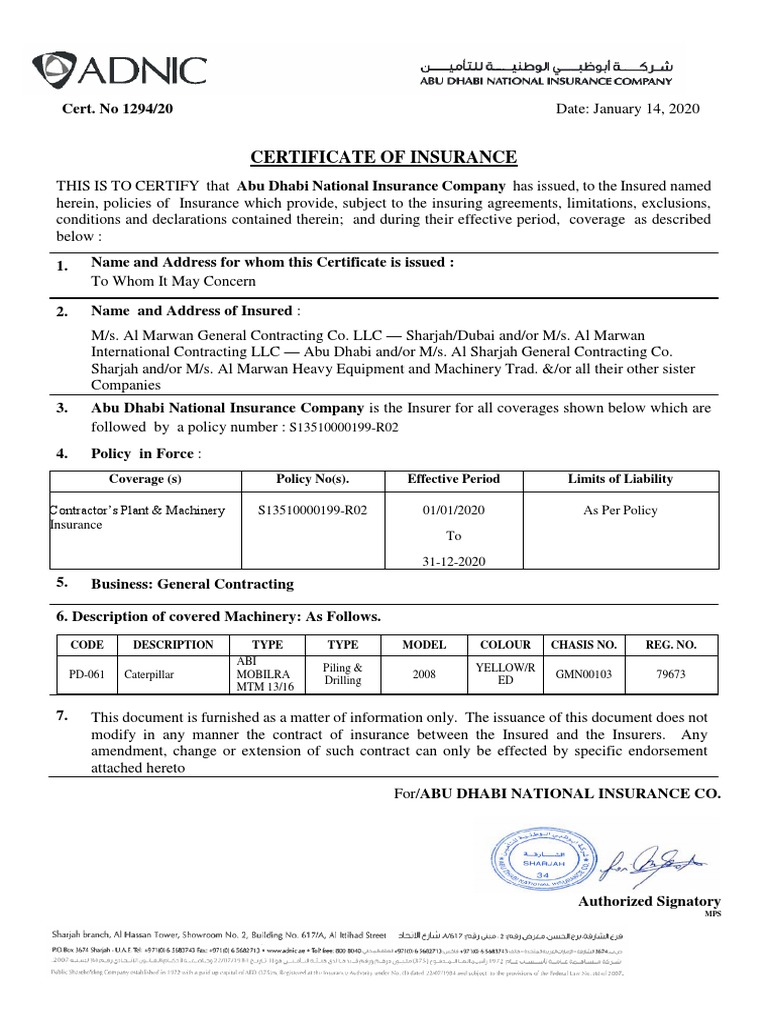 Certificate of Insurance: Coverage (S) Policy No(s) - Effective Period ...
