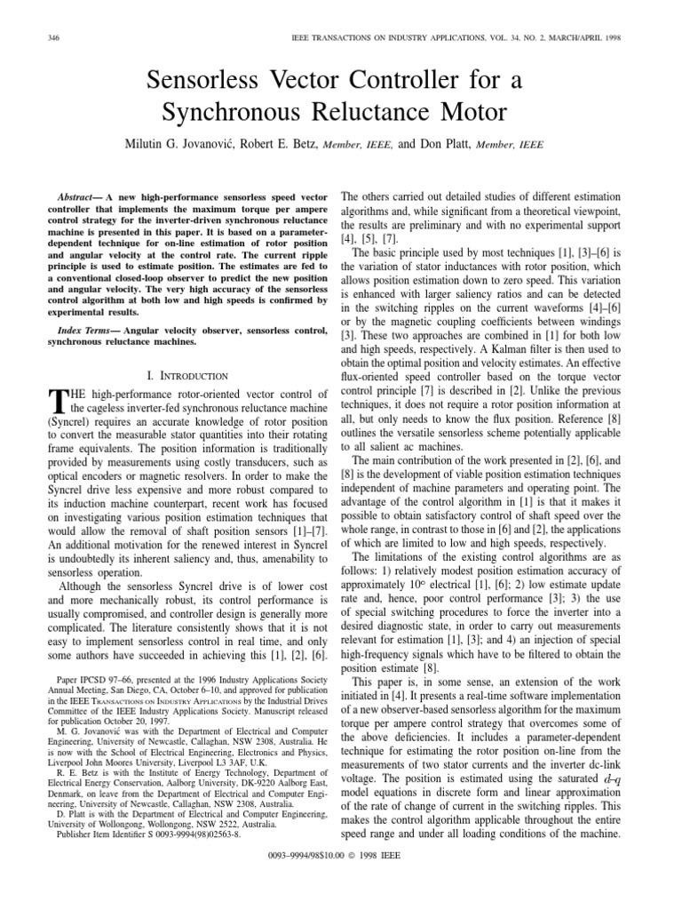 Sensorless Vector Controller For A Synchronous Reluctance Motor | PDF ...