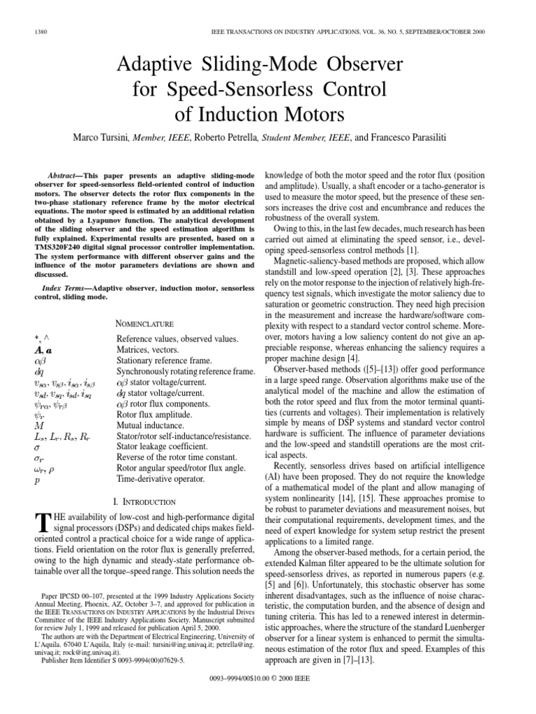 Adaptive Sliding Mode Observer For Speed Sensorless Control Of Induction Motors Pdf Electric