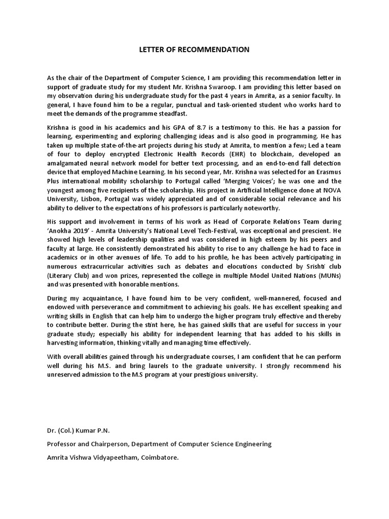 Dr. (Col.) Kumar Sir LOR - Updated | PDF | Graduate School | Electronic Health Record