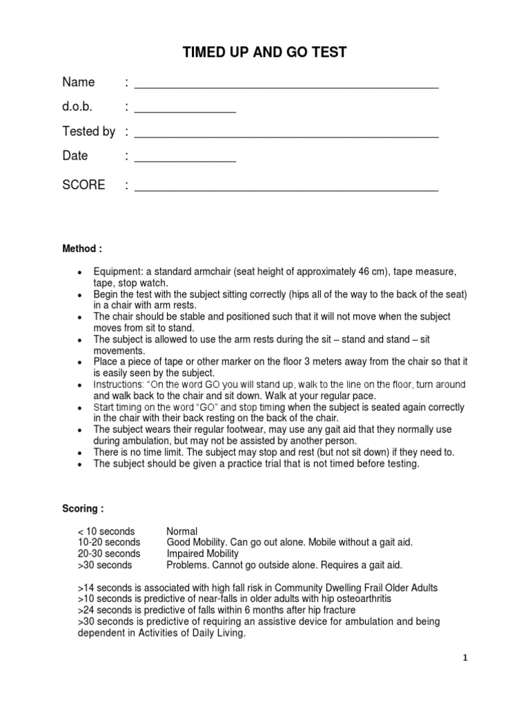 Timed Up and Go Test: Method | PDF | Osteoarthritis | Chair