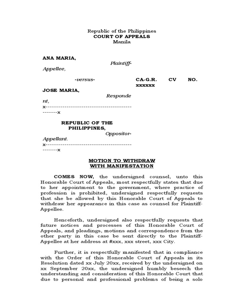 Draft Motion To Withdraw | PDF | Brief (Law) | Appeal