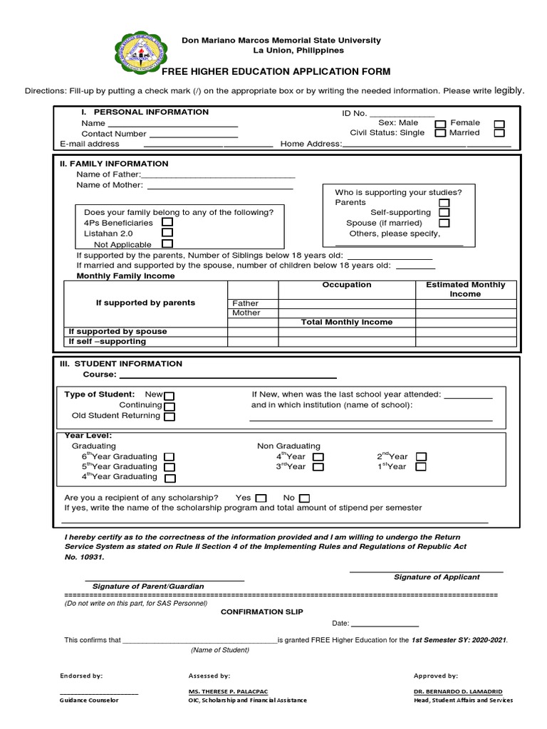 Free Higher Education Application Form: Legibly | Download Free PDF ...