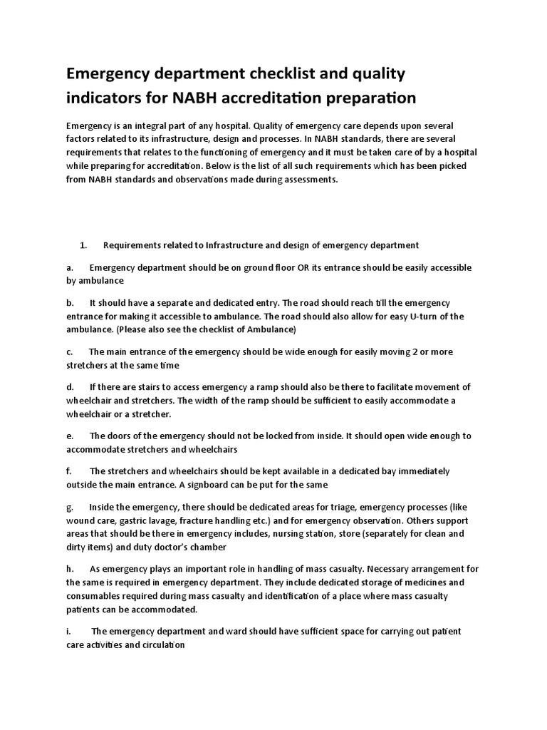 Emergency Department Checklist and Quality Indicators For NABH ...