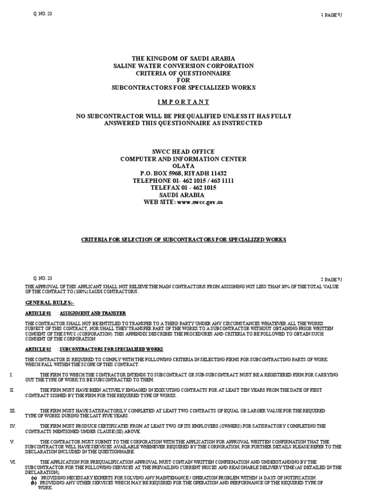 Subcontractor Questionnaire | PDF | Saudi Arabia | Corporations