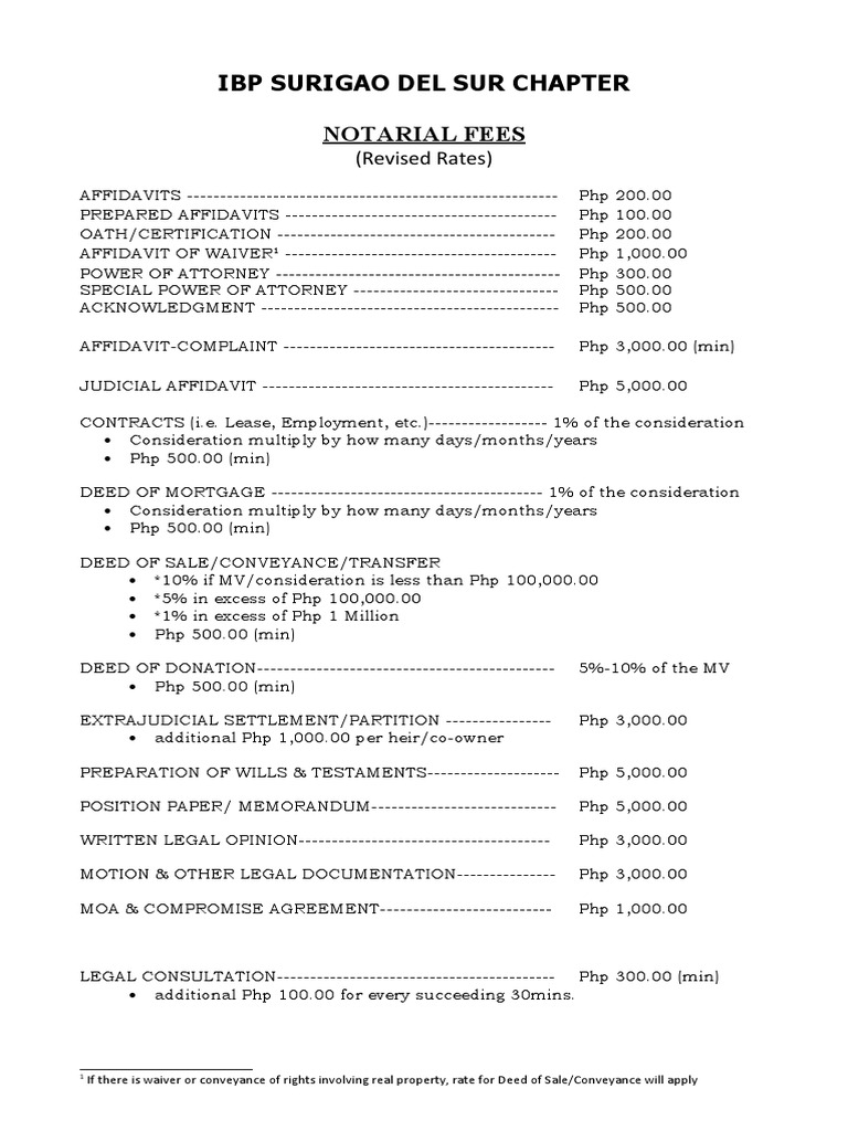 Ibp Surigao Del Sur Chapter Notarial Fees: (Revised Rates) | PDF ...