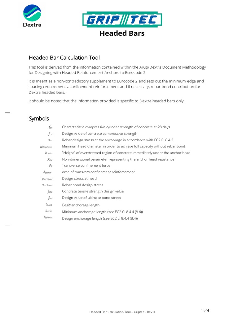 Dextra Headed Bar Calculation Tool For Griptec 2020 EN | PDF | Strength ...