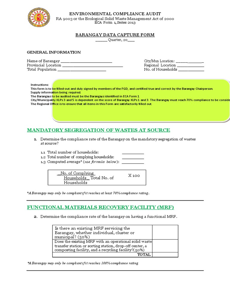 Barangay Environmental Compliance Audit Form | PDF | Municipal Solid ...
