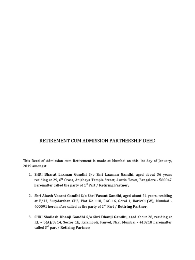 Retirement Cum Partnership Deed Format | PDF | Partnership | Salary
