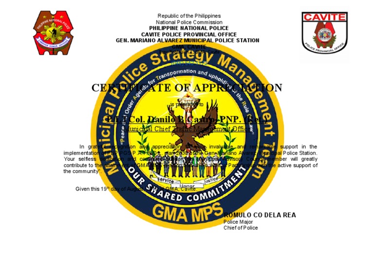 Certificate of Appreciation: P/Ltcol. Danilo B Castro, Pnp. (Ret.) | PDF