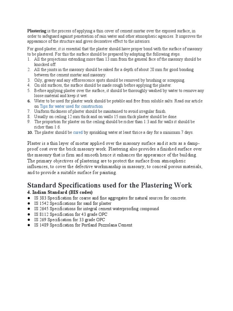 Standard Specifications Used For The Plastering Work | PDF | Plaster | Drywall