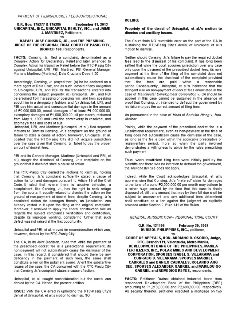 Payment of Filing/Docket Fees-Jurisdictional | PDF | Complaint ...