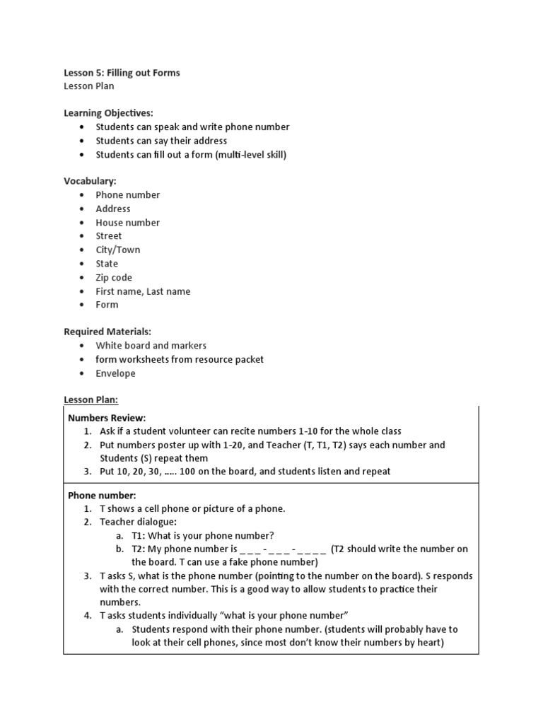 Lesson Plan: Lesson 5: Filling Out Forms | PDF | Lesson Plan ...