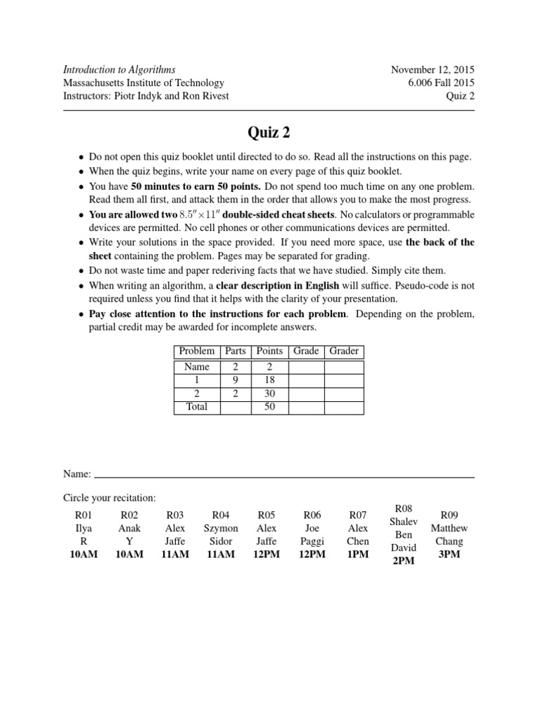 Quiz 2 | PDF | Combinatorics | Algorithms