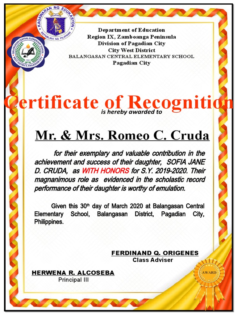 Certificate of Recognition For Parents | PDF
