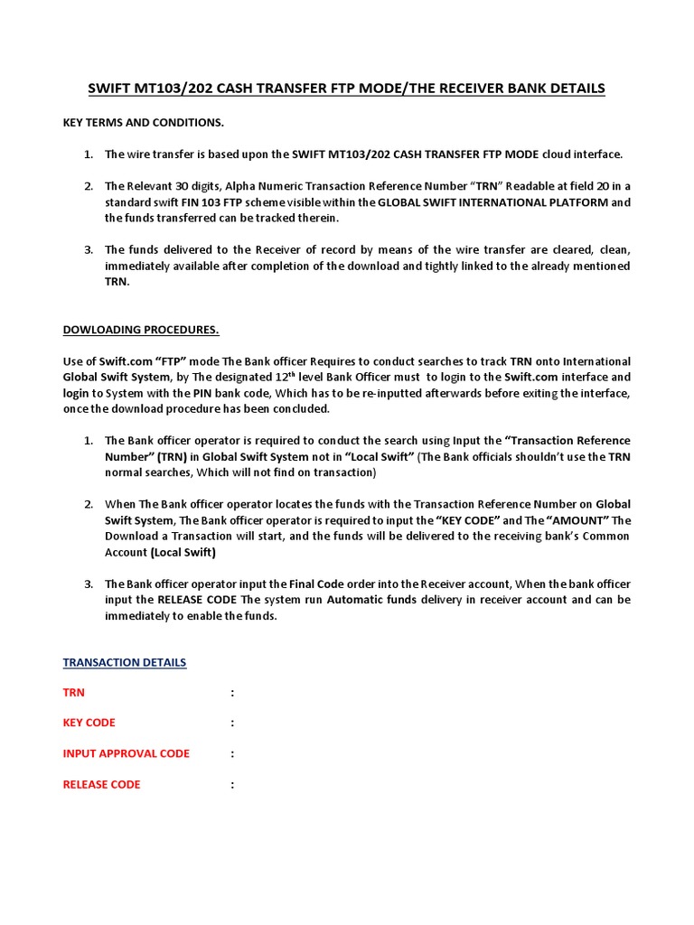 Swift Mt103/202 Cash Transfer FTP Mode/The Receiver Bank Details | PDF