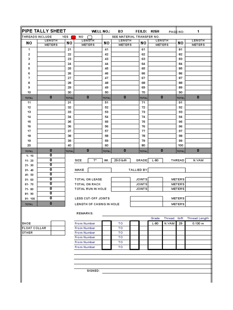 PIPE Tally Sheet 7'' Liner kB2 | PDF | Structural Engineering | Concrete