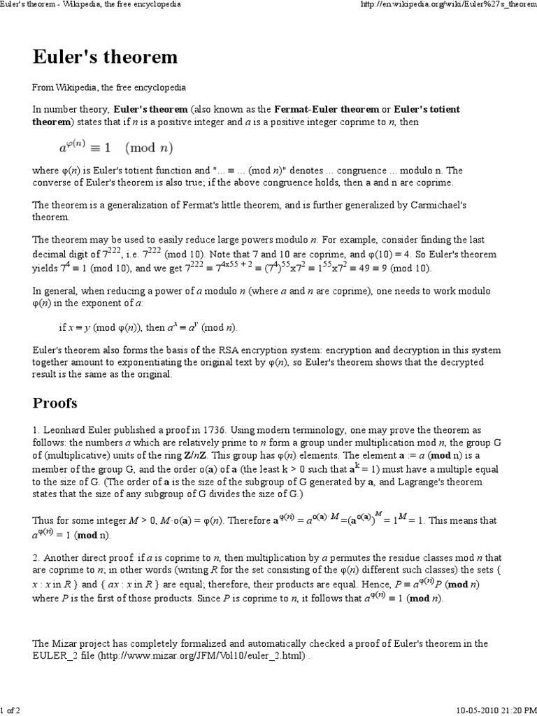 Euler's Theorem | PDF | Numbers | Number Theory
