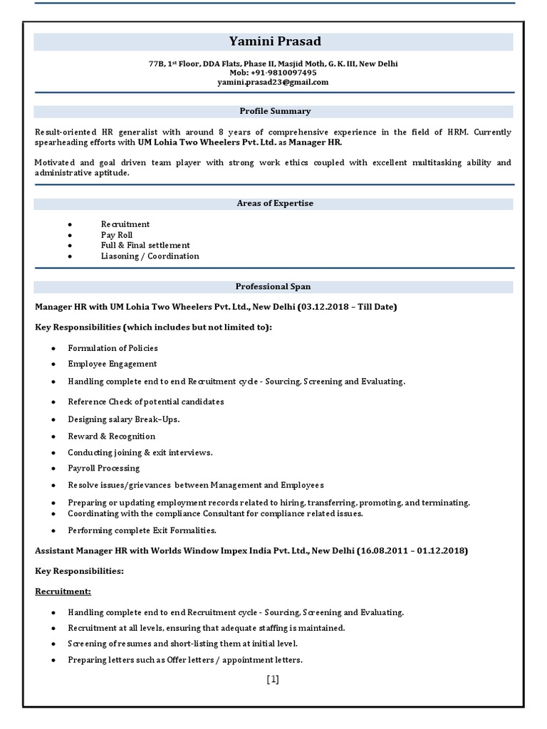 Yamini Prasad CV PDF | PDF | Adulthood | Human Resource Management