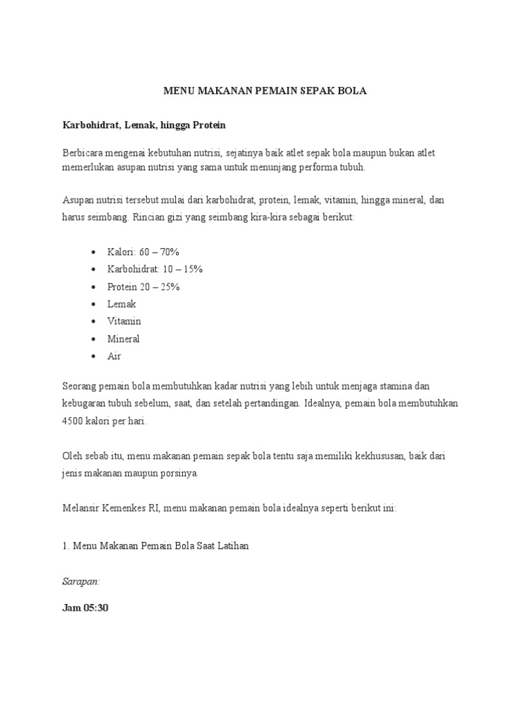 Menu Nutrisi Atlet Sepak Bola | PDF