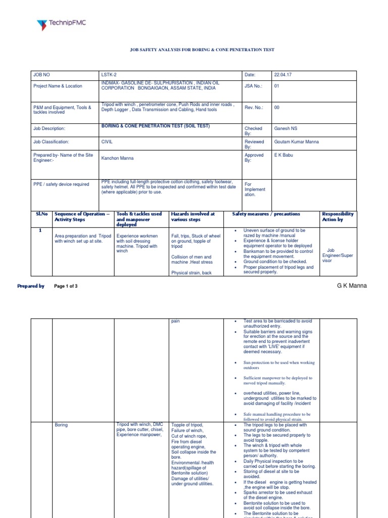 Boring & Cone Penetration test-JSA-01 | PDF | Personal Protective ...