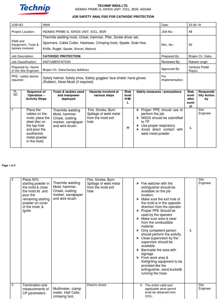 JSA - Cathodic Protection | PDF | Personal Protective Equipment | Welding