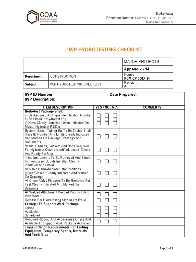 Iwp Hydrotesting Checklist: Appendix - 14 | PDF | Pipe (Fluid ...