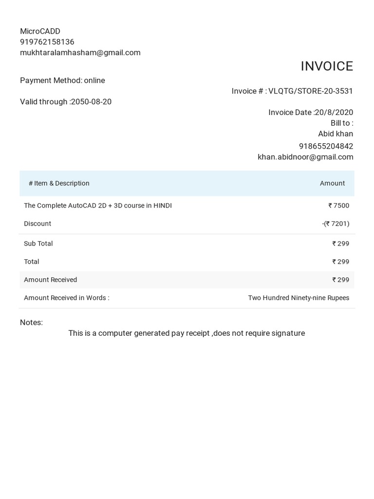 AutoCAD Course Invoice in Hindi | PDF
