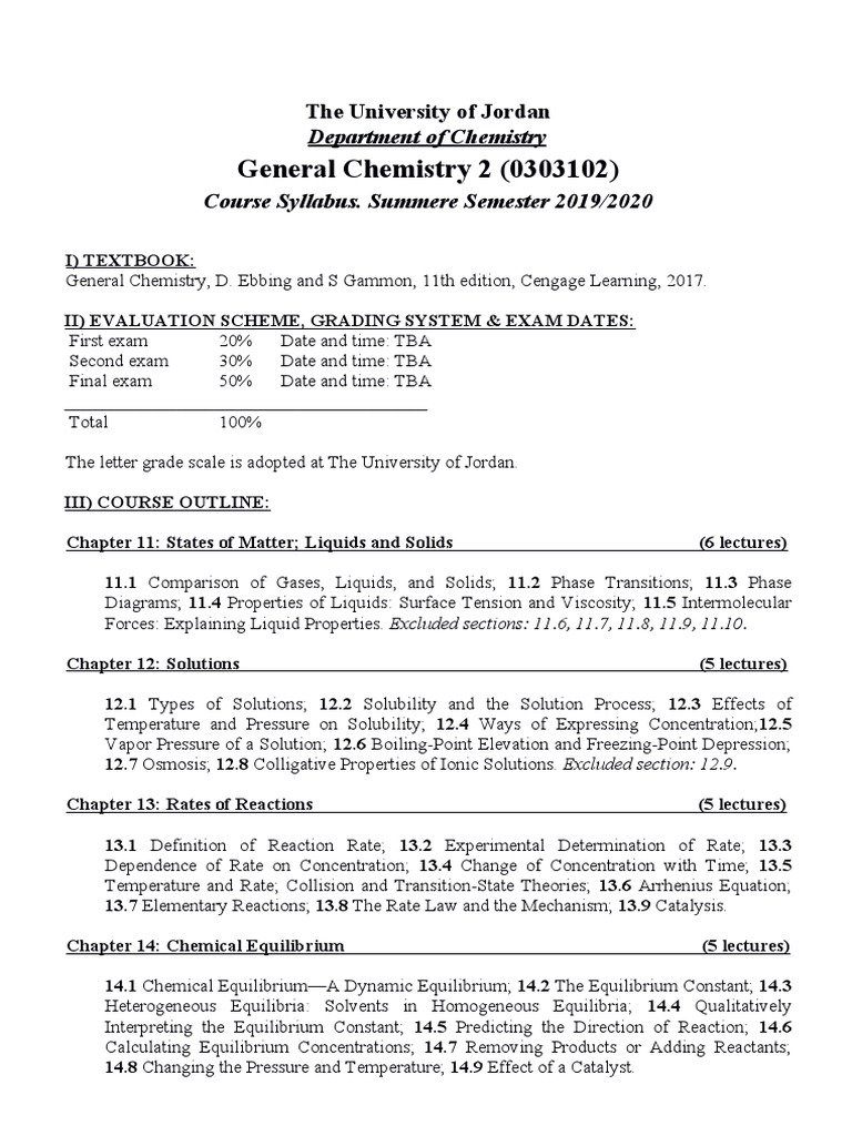 General Chemistry 2 (0303102) : Department of Chemistry Course Syllabus ...