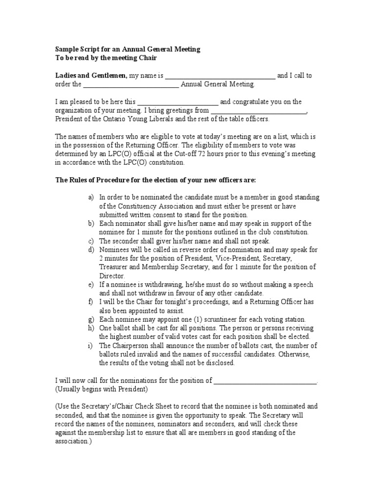 AGM Election Script for Chairperson | PDF | Voting | Group Decision Making
