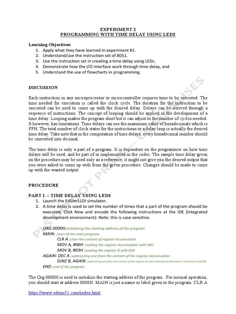 Experiment 2 Programming With Time Delay Using Leds Learning Objectives | PDF | Subroutine | Time