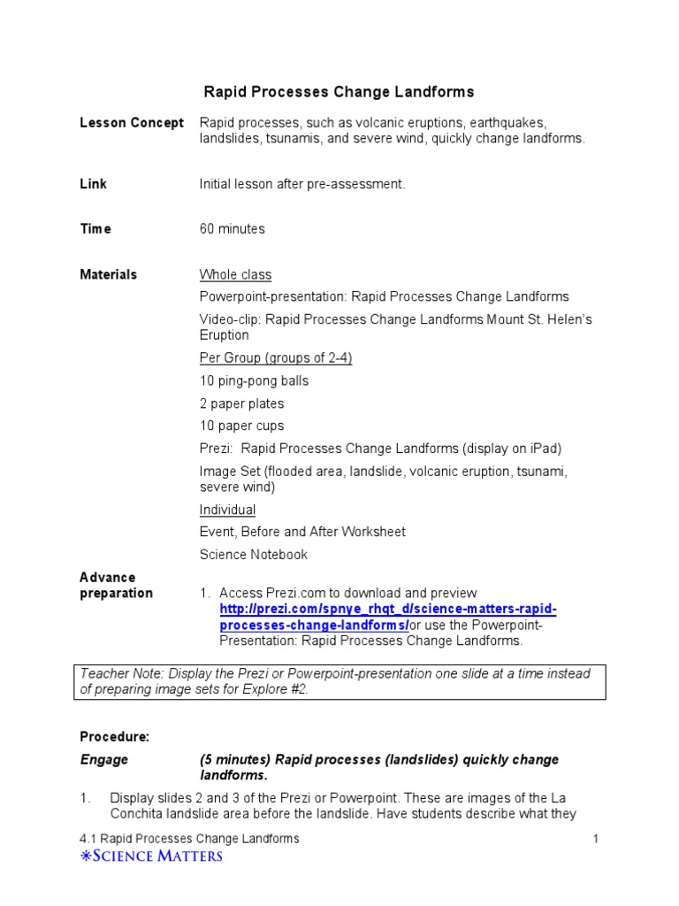 Rapid Processes Change Landforms: Lesson Concept Rapid Processes, Such ...