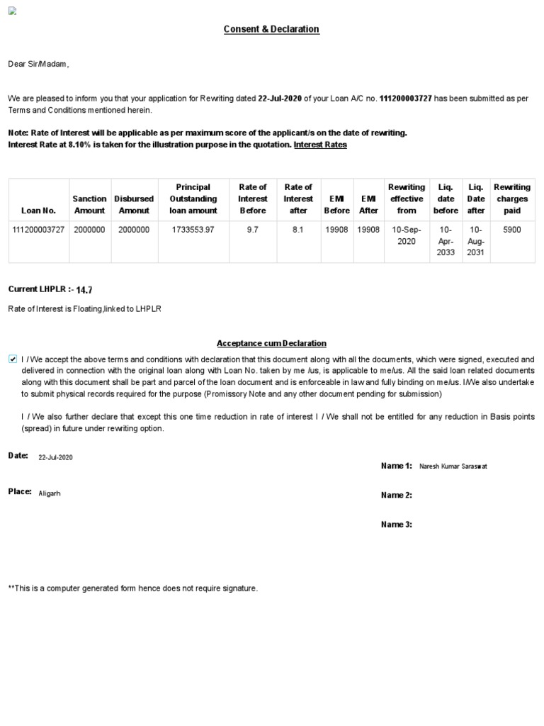 ROI - Declaration Form - LIC HFL - Customer Portal | PDF | Loans | Interest