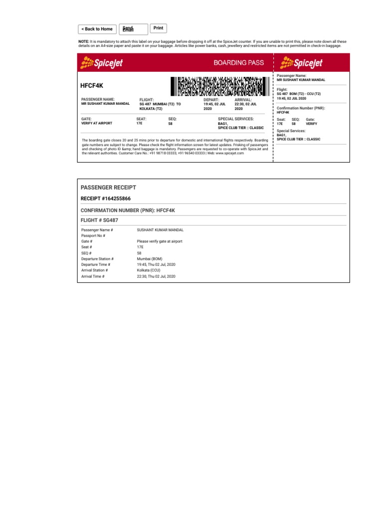 Ticket Spicejet PDF | PDF | Transport | Aviation