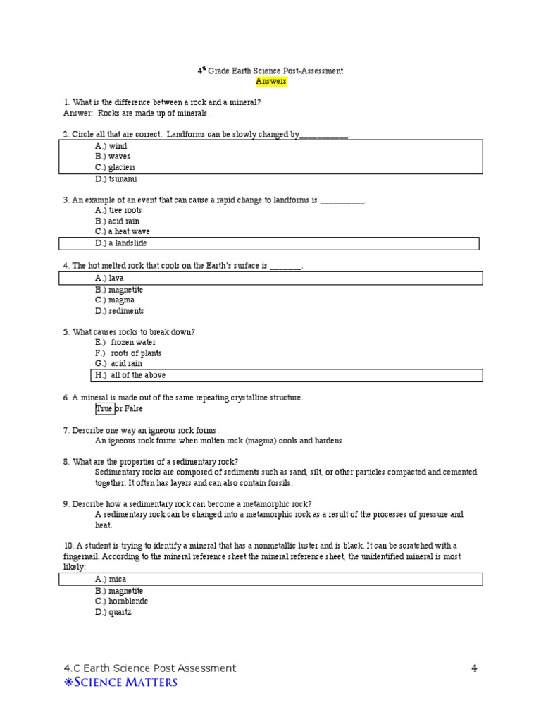 4th Grade Earth Science Assessment Guide | PDF | Science & Mathematics