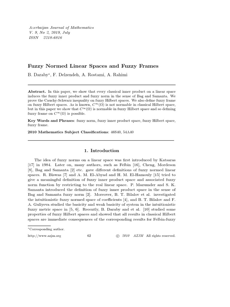 Fuzzy Normed Linear Spaces and Fuzzy Frames | PDF | Basis (Linear Algebra) | Hilbert Space