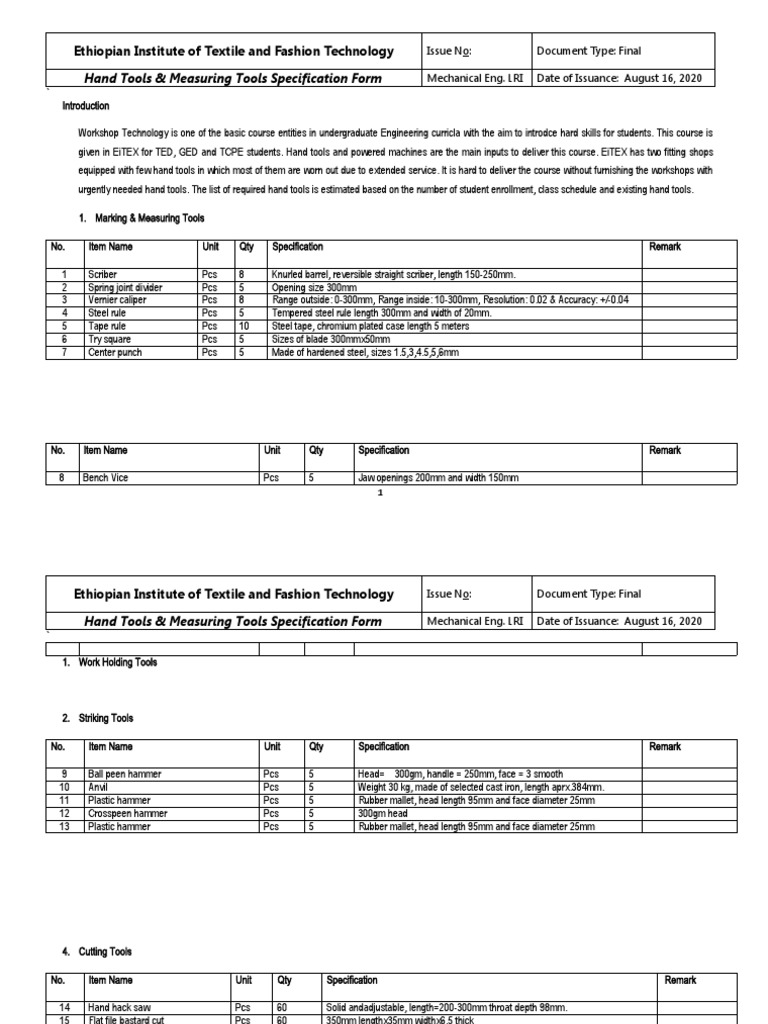 Hand Tools & Measuring Tools Specification Form: Ethiopian Institute of ...