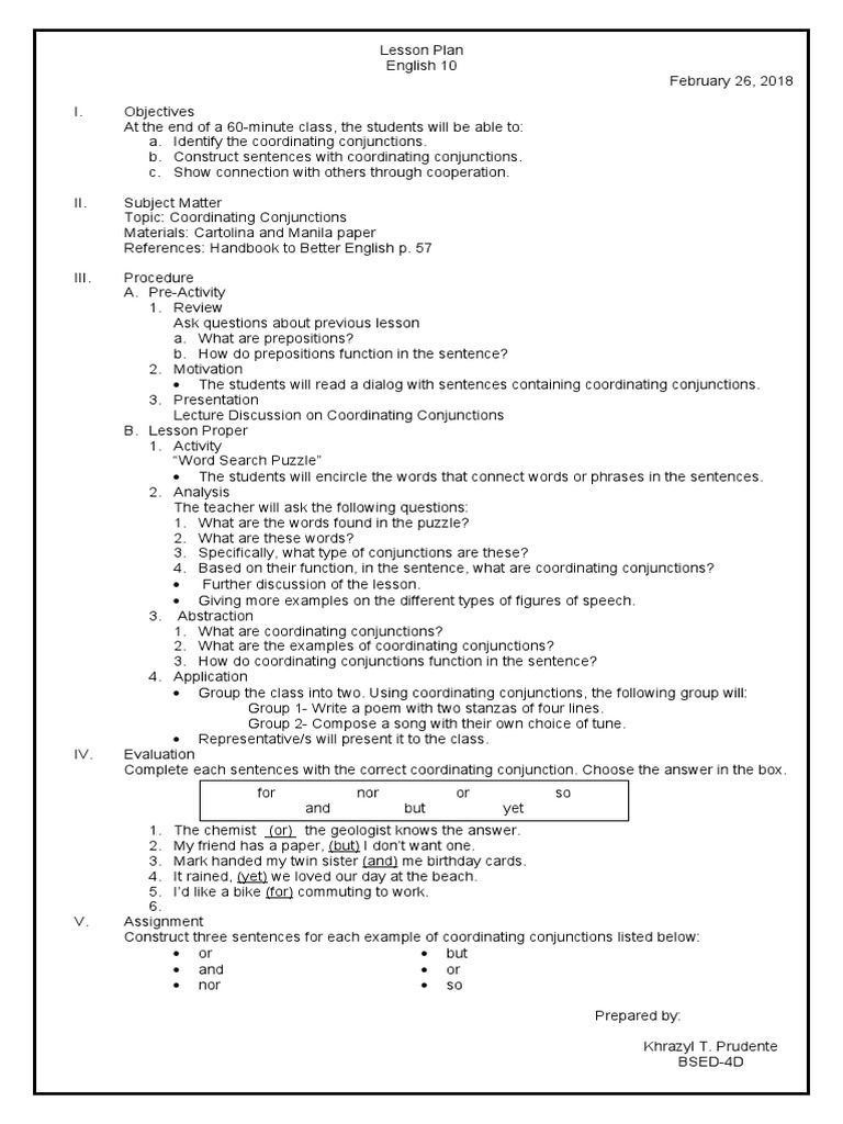 Lesson Plan Coordinating Conjunctions Pdf Lesson Plan Human
