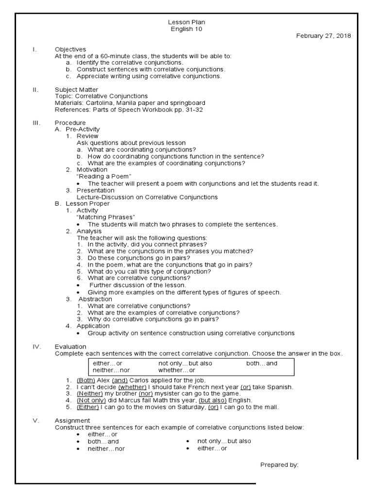 Lesson Plan-Correlative Conjunctions | PDF | Phrase | Question